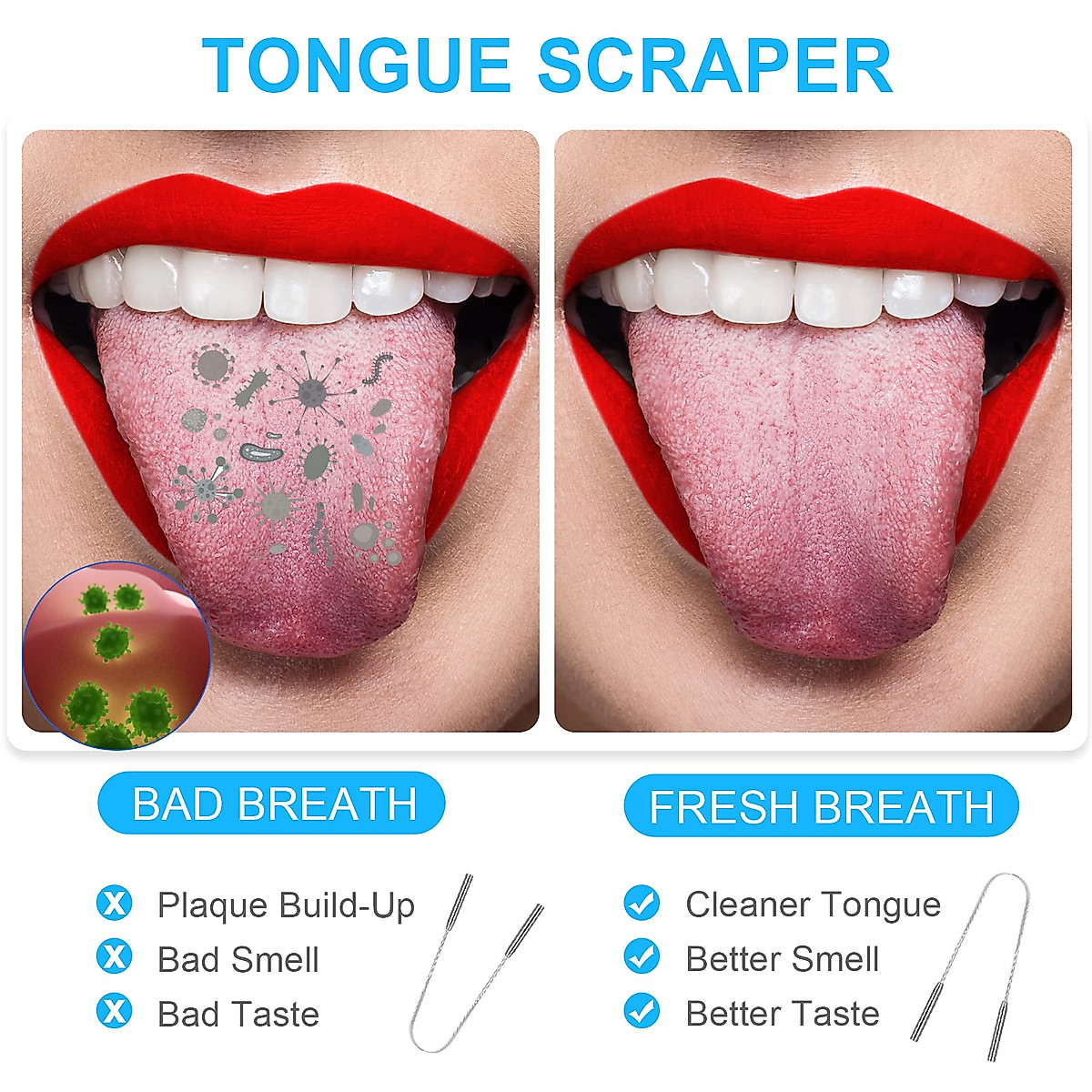 Tounge Scraper Cleaner, 2-Pack Stainless Steel Tongue Scarper Silver - Tongue Cleaner for Adults, Kids, Men & Women - Cure Bad Breath with BPA-Free Metal Tongue Scrapers for Better Dental Hygiene