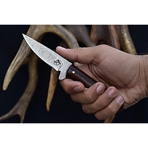 Knives Ranch 7" Fixed Blade EDC Knife with Sheath - Damascus Steel Hunting Knife - Full Tang - Rosewood Handle - Horizontal Carry Leather Sheath Snug Fit (3056-IRW)