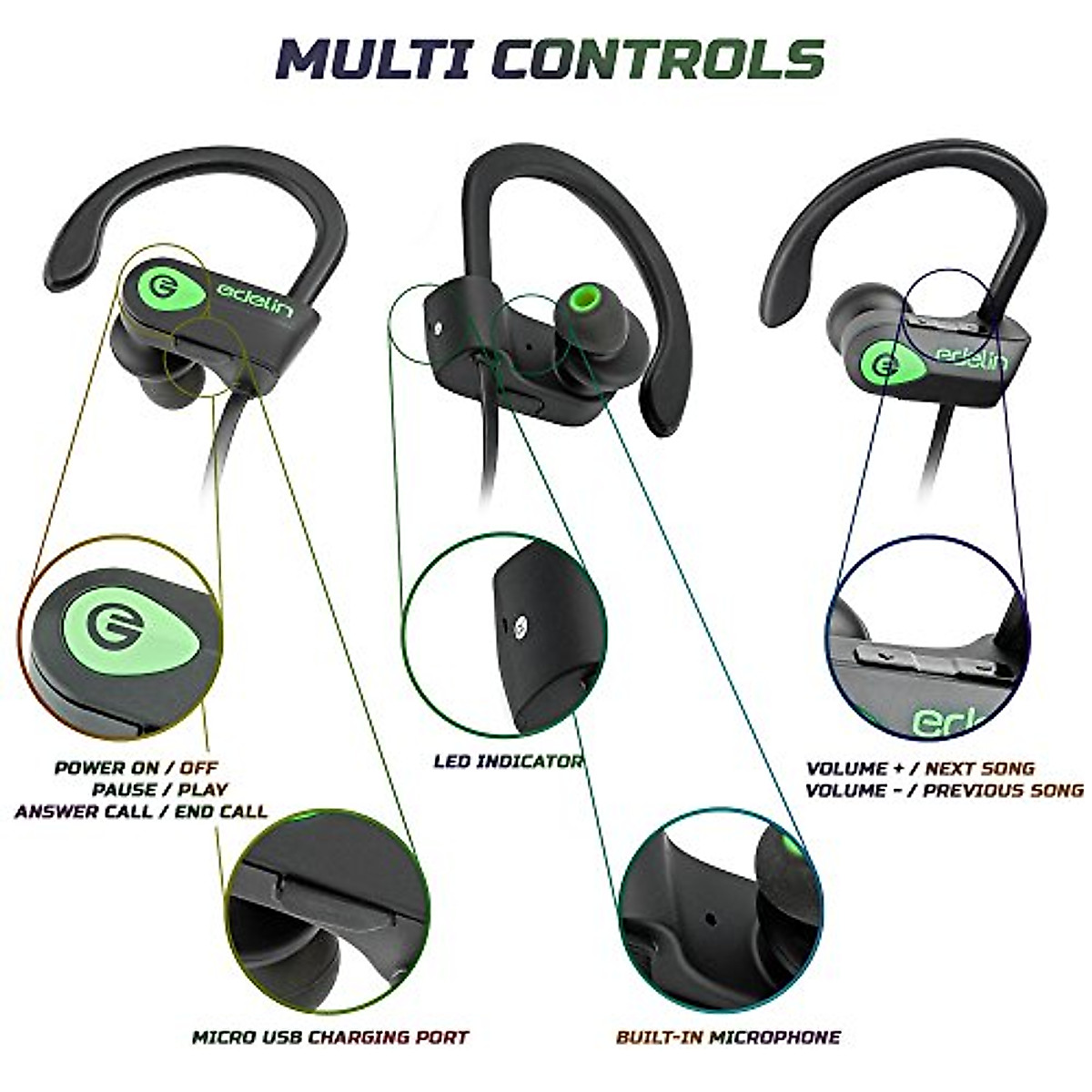 Edelin Bluetooth Headphones - Wireless Earbuds with Mic HD Stereo Noise Cancelling Waterproof IPX7 for Sport Running Gym - Earphones Compatible iPhone 8 X Samsung Galaxy S9 Android iOS - Headset