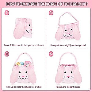 Senneny Easter Baskets for Kids, Personalized Plush Bunny Basket Gift for Girls Boys, Cute Fluffy Eggs Hunting Buckets Bags with Foldable Rabbit Ears, Pink