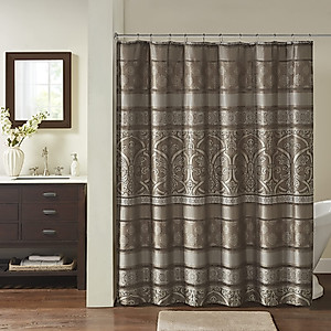 Madison Park Essentials Zara Multi Print Jacquard Shower Curtains Machine Washable, Traditional Home Bathroom Décor Bathtub Privacy Screen, 72" x 72", Brown (MPE70-883)