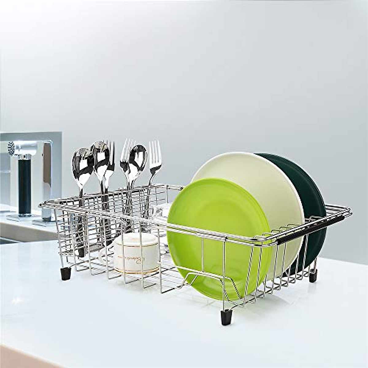 blitzlabs Expandable Dish Rack, Deep Large Dish Drying Rack with 4 Division Utensil Silverware Cutlery Holder, Dish Drainer Shelf Dish Rack in Sink On Counter, Rustproof Stainless Steel