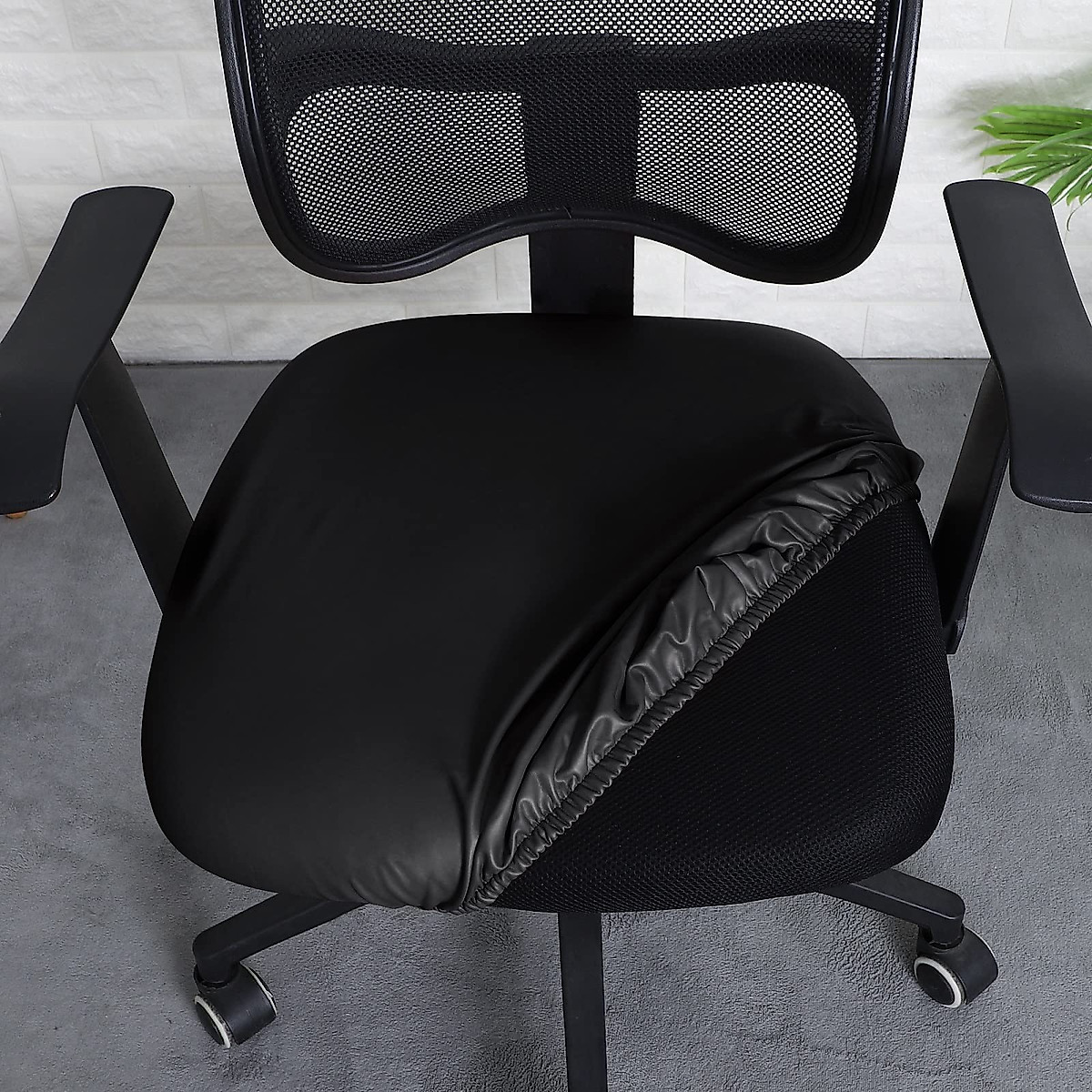 FORCHEER office chair seat covers leather Stretch Waterproof PU Computer Chair Seat Cushion Slipcovers-Black