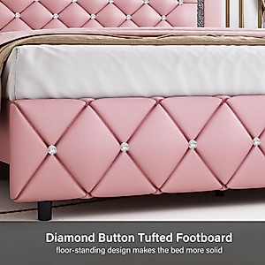Twin Bed Frame, Upholstered Platform Bed with Diamond Button Tufted Headboard, Girls Twin Bed Fame, Princess Bed Frame with Crystal Tufted Headboard, Wooden Slats Support, Easy Assembly, Pink