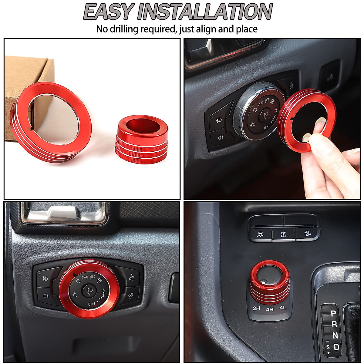 Lcojicep Car Headlight Switch/4WD Knob Ring Ring Cover Trim Compatible with Ford Ranger 2015-2021 Aluminum Alloy Central Control Switch knob Ring Cover Decoration (red)