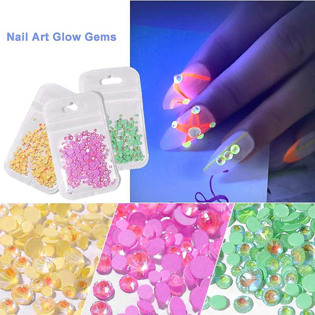 HERIS 8 Pack Mixed Glow Nail Art Rhinestones Fluorescent Diamonds Decorations Accessories Décor Crystals Gems for DIY Manicure