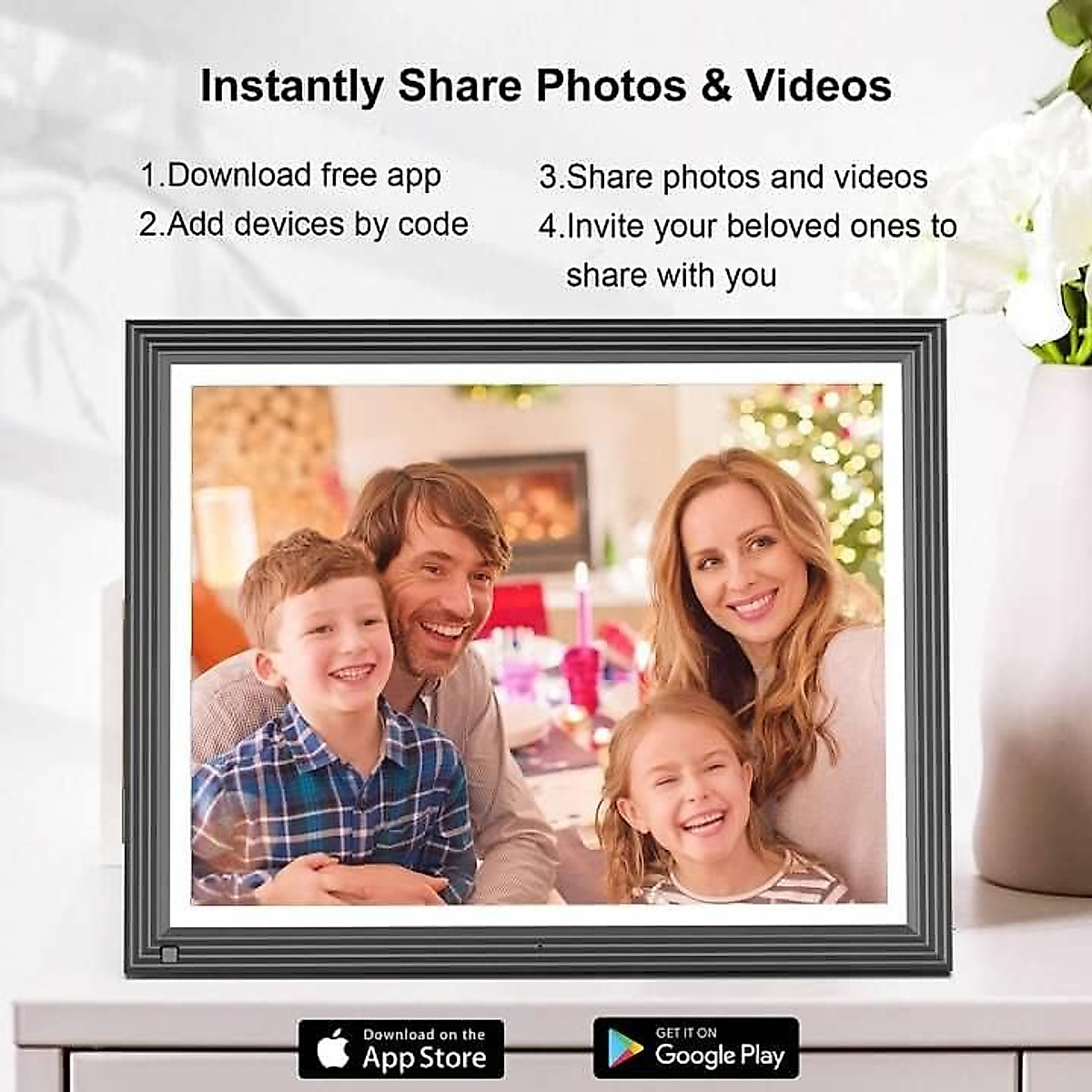Digital Picture Frame 15 inch - FULLJA Large WiFi Smart Photo Frame with HD Wide Angle, Remote Control, 32GB Memory, Wall Mountable, Easy to Share Photos or Videos via App/Email, Gift for Family
