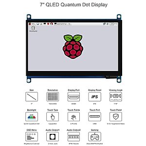 XYGStudy for Raspberry Pi Jetson Nano 7inch QLED Quantum Dot Display Capacitive Touch Screen 1024×600 LCD, G+G Toughened Glass Panel Supports Various Devices & Systems