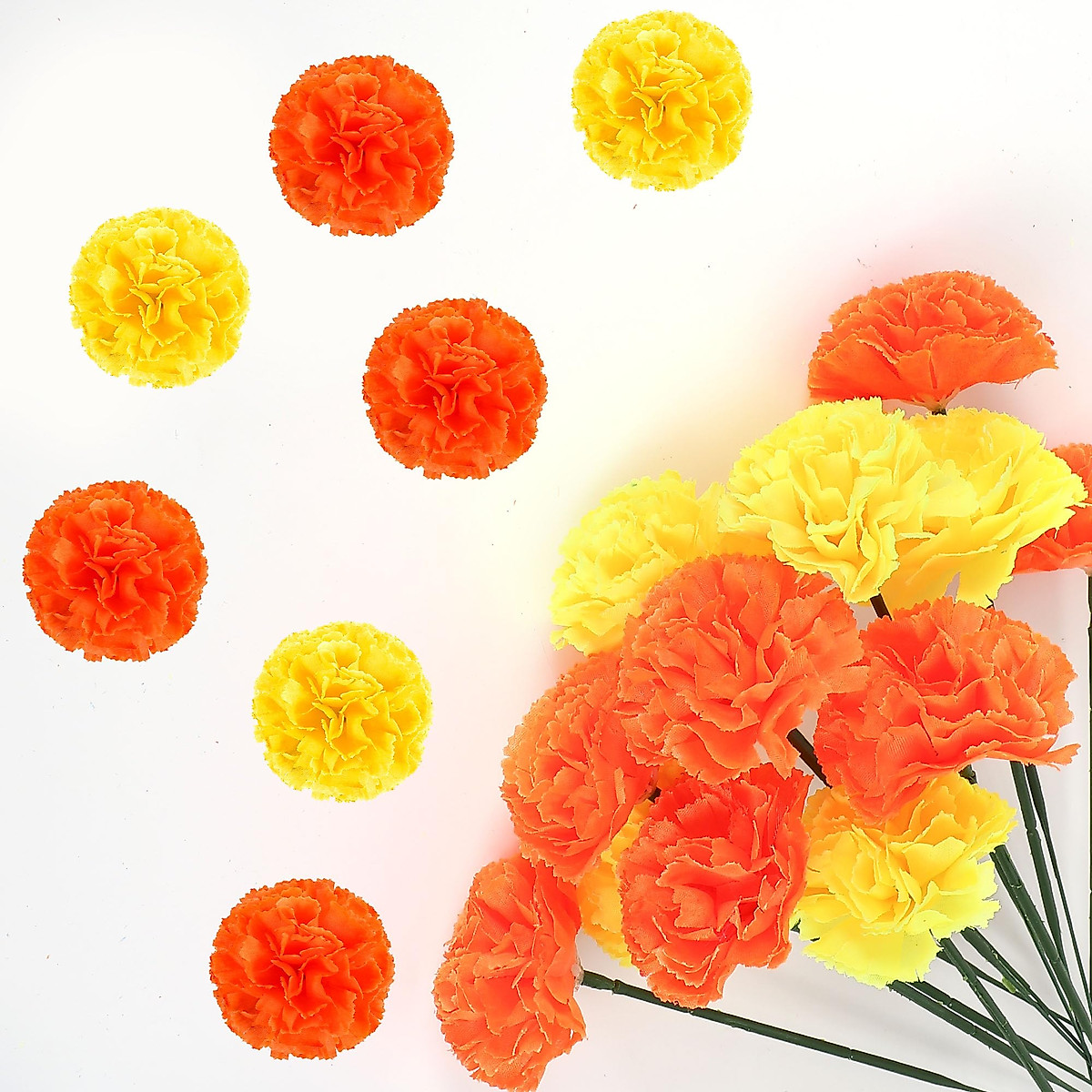 100PCS Artificial Marigold Flowers Heads Silk Orange Yellow Flower for Dia De Los Muertos Day of The Dead Diwali Home Decor Indian Theme Weddings DIY Wreath Garland Decoration