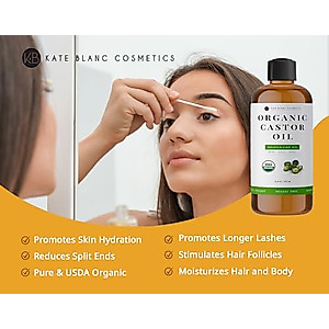Kate Blanc Cosmetics Castor Oil 16oz - USDA Certified Organic. Cold-Pressed, 100% Pure, Hexane-Free. Promote Growth for Hair, Eyelashes, Eyebrows. Moisturizing For Dry Skin