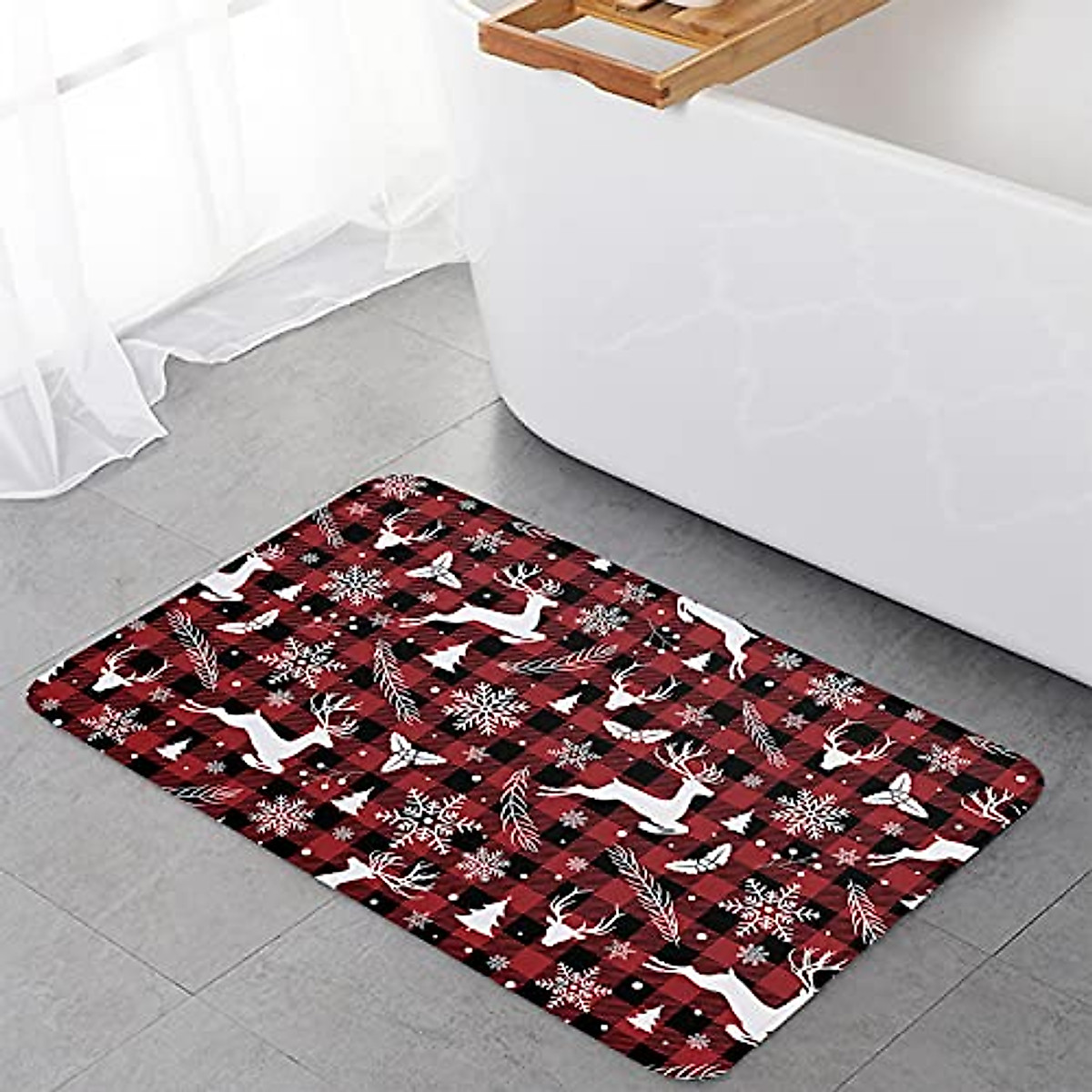 Libaoge Kitchen Mat Rug Set of 2 Christmas Elk Gift Snowflake Buffalo Red Black Plaid Runner Rug Anti-Fatigue Comfort Memory Foam Standing Mat Non-Slip Floor Door Mat for Bathroom 18x30in+18x60in
