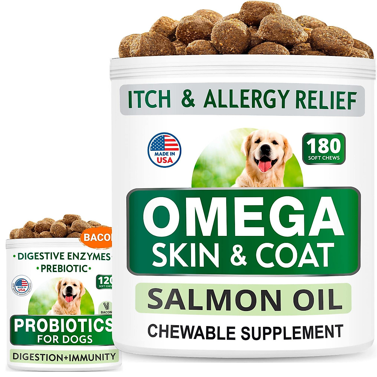 Omega 3 for Dogs + Dog Probiotics Chews Bundle - Itch Relief + Upset Stomach Relief - EPA & DHA Fatty Acids + Enzymes + Prebiotics - Joint Health + Improve Digestion - 120 + 180 Chews - Made in USA