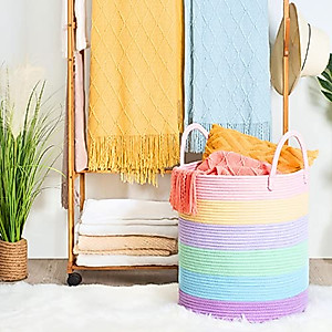 MINTWOOD Design Large Decorative Woven Cotton Rope Basket, Tall Laundry Basket Hamper, Blanket Basket for Living Room, Storage Baskets for Toys, Towel, Throw, Pillow, 60L Pastel Rainbow