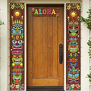 Tiki Banner Luau Hawaiian Party Decorations Set Tiki Totem Porch Sign for Aloha Tropical Hawaii Hibiscus Wall Hanging Decor Door Banner Carnival Party Jungle Background Backdrop (Tiki Luau Banner)