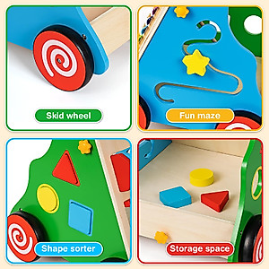 V-Opitos Wooden Baby Walkers, Height and Resistance Adjustable Push Walker with Multiple Learning Activity Center, Baby Sit to Stand Walker Toys, Ideal Gifts for 6-12, 12-18 Months Boys & Girls