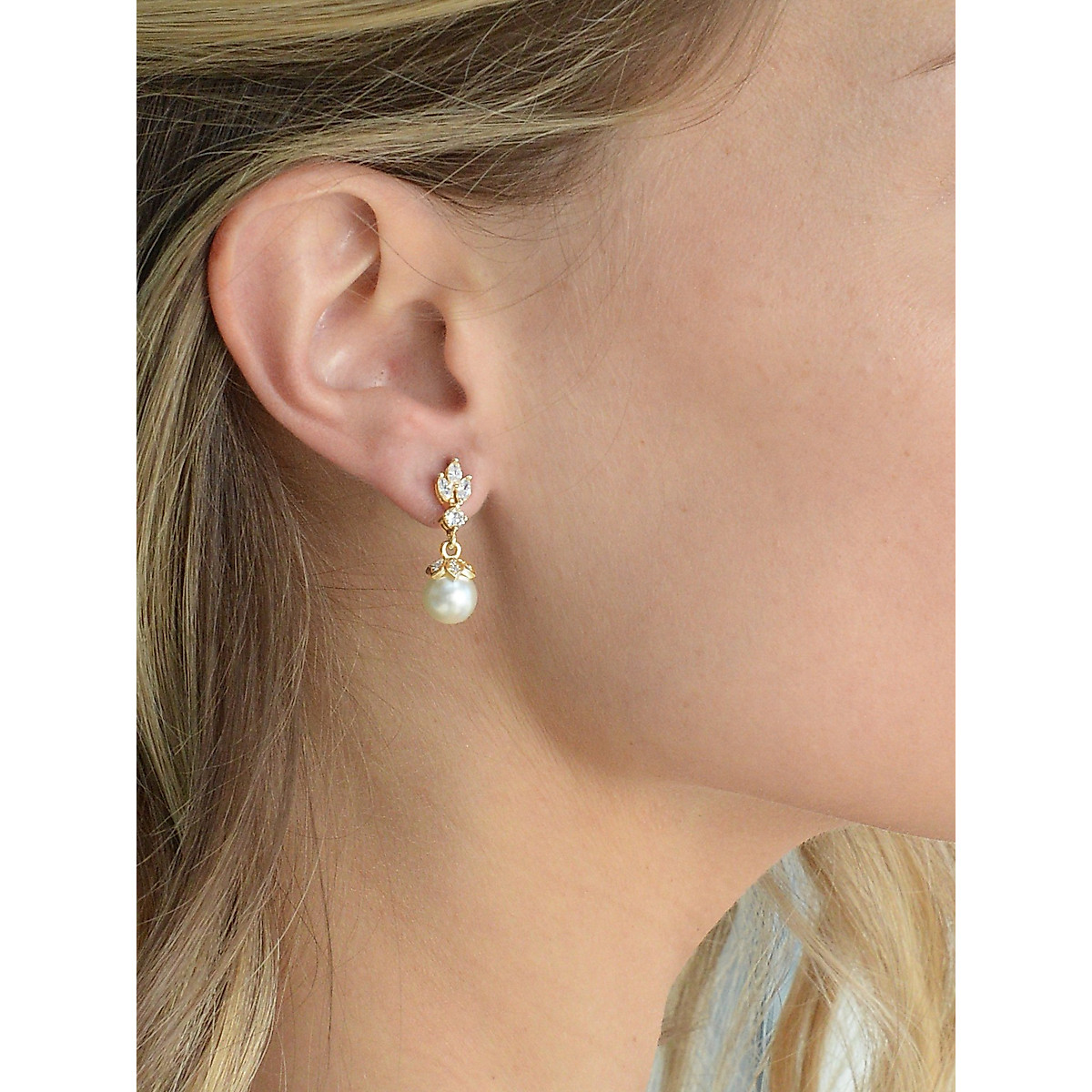Mariell Pearl Drop Gold Wedding Earrings, 8MM Ivory Shell Pearls, Cubic Zirconia Crystal and Pearl Earrings for Brides, Bridesmaid, Prom and Mother of the Bride