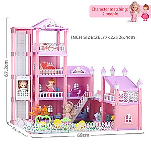 R HOME STORE Doll House Play House - 4-Story 9 Rooms Dream House Dollhouse with Lights, 2 Dolls Toy Figures, Controllable Elevators & Furniture Accessories Playhouse Toys Ages 3 4 5 6 Girls