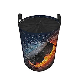 Janrely Large Round Storage Basket with Handles,Ice and Fire Hockey,Large Capacity with Drawstring Storage Bin for Family Waterproof Home Office Decor 21.5"x 16.5"