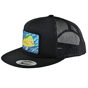 LPG Apparel Co. Mahi Vibes Cali Style Snapback Flat Brim Fishing Art Patch Series Baseball Hat Black, Large