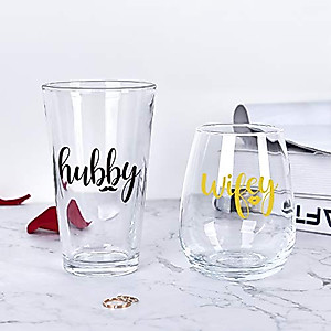 Wifey Hubby Stemless Wine Glass and Beer Glass, Couple Glasses for Couples Newlyweds Wife and Husband Mr and Mrs, Idea for Wedding Bridal Shower Engagement Party Anniversary Valentine’s Day