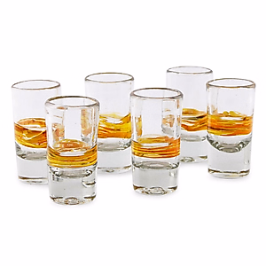 NOVICA Artisan Crafted Yellow Spiral Clear Recycled Tequila Shot Glasses, 2 Oz. 'Ribbon Of Sunshine' (Set Of 6)