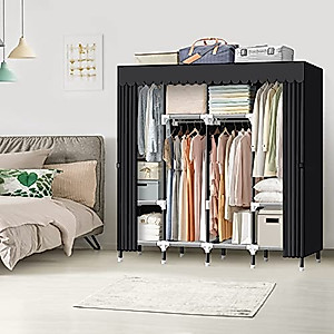LOKEME Portable Closet, 67 Inch Wardrobe Closet for Hanging Clothes with 4 Hanging Rods, 25mm Steel Tube Clothes Storage Organizer for Extra Sturdy, Quick and Easy to Assembly, Black Cover