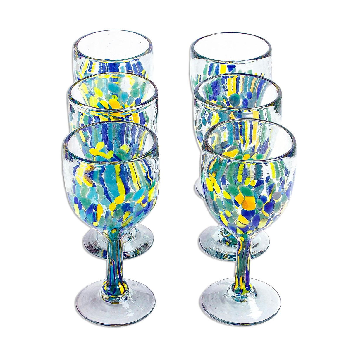 NOVICA Handmade Recycled Glass Wine Glasses Colorful from Mexico Multicolor Tableware Drinkware Handblown Eco Friendly [ 7in H x 3.6in Diam. 12 Oz.] 'Tropical Confetti'(Set of 6)