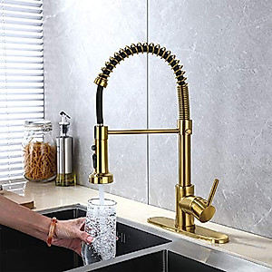 Ntipox Commercial Brushed Gold Kitchen Faucet with Pull Down Sprayer, High-Arc Single Handle Single Lever Spring Rv Kitchen Sink Faucet with Pull Out Sprayer, 3 Function Laundry Faucet, Matte Gold