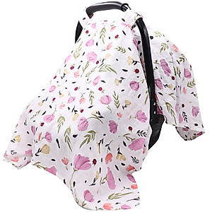 Muslin Baby Car Seat Cover for Boys Girls, Infant Car Seat Canopy, Summer Car Seat Tent Lightweight Breathable, Pink Flower