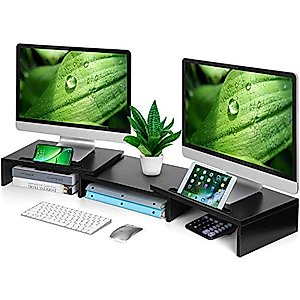 AMERIERGO Dual Monitor Stand -Adjustable Length and Angle, Dual Monitor Riser, Computer Monitor Stand w/2 Slot, Desktop Organizer, Monitor Stand Riser for PC, Computer, Laptop (Black)