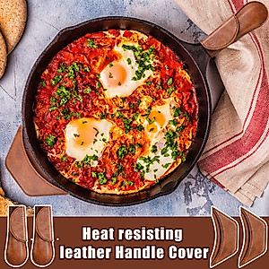 6 Pieces Cast Iron Handle Cover Handmade Thick Skillet Handle Cover Full Grain Frying Pan Handle Sleeve Rustic PU Leather Hot Handle Holder Double Layered Leather Handle Cover Assist Grip for Kitchen