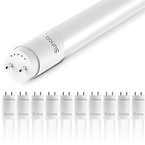 Sunco 10 Pack T8 LED Tubes 4FT Fluorescent Replacement, 48 Inch, 18W, 2200LM, 6000K Daylight Deluxe, Single Ended Power, Type B, Ballast Bypass, Frosted Lens UL