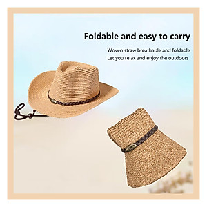 Straw Cowboy Hats Straw Cowgirl Hat Wide with Shapeable Wide Brim Foldable Vacation Beach Sun Hat for Women Men,Khaki