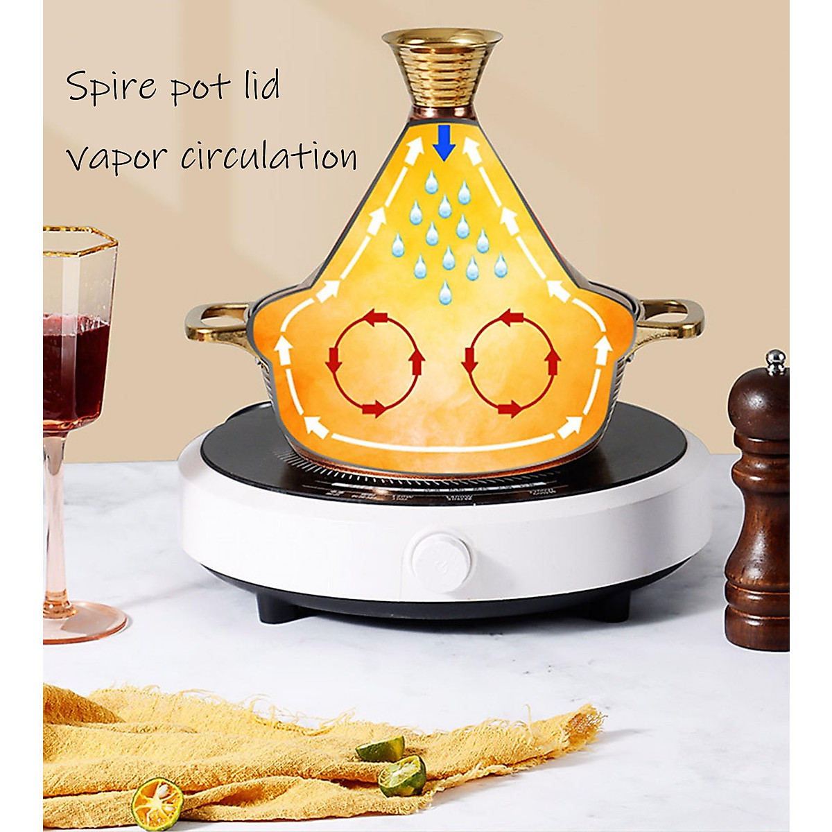 GFHVDC 304 Stainless Steel Moroccan Tagine Pot, Non Stick Moroccan Cooking Pot with 2 Handles, Large Moroccan Cooker Handmade Tagine Pot with Cone-Shaped Lid,Silver,29cm