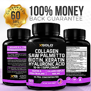 HSN100 - Collagen, Saw Palmetto, Biotin, Keratin & Hyaluronic Acid - 16-in-1 Beauty Supplement with Vitamin C & E, Collagen Complex & Keratin Blend - Hair, Skin & Nail Growth - 90 Capsules