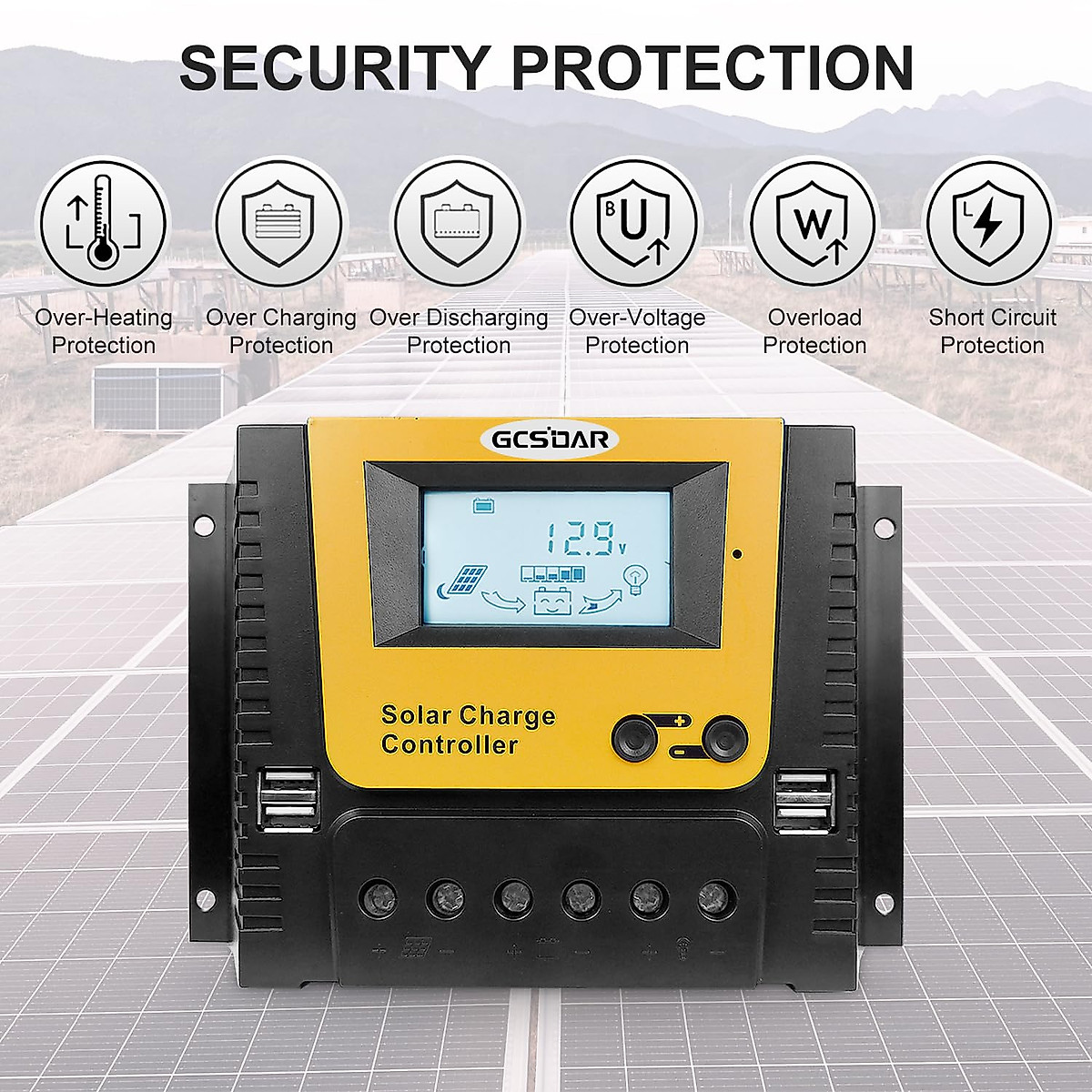 GCSOAR 60A Solar Charge Controller 12V 24V 36V 48V, Max PV 100VDC, Backlit Display, Solar Panels Off-Gird, Quattro USB Intelligent PWM Regulator for LFP, AGM, SLD, FLA BAT (60A)