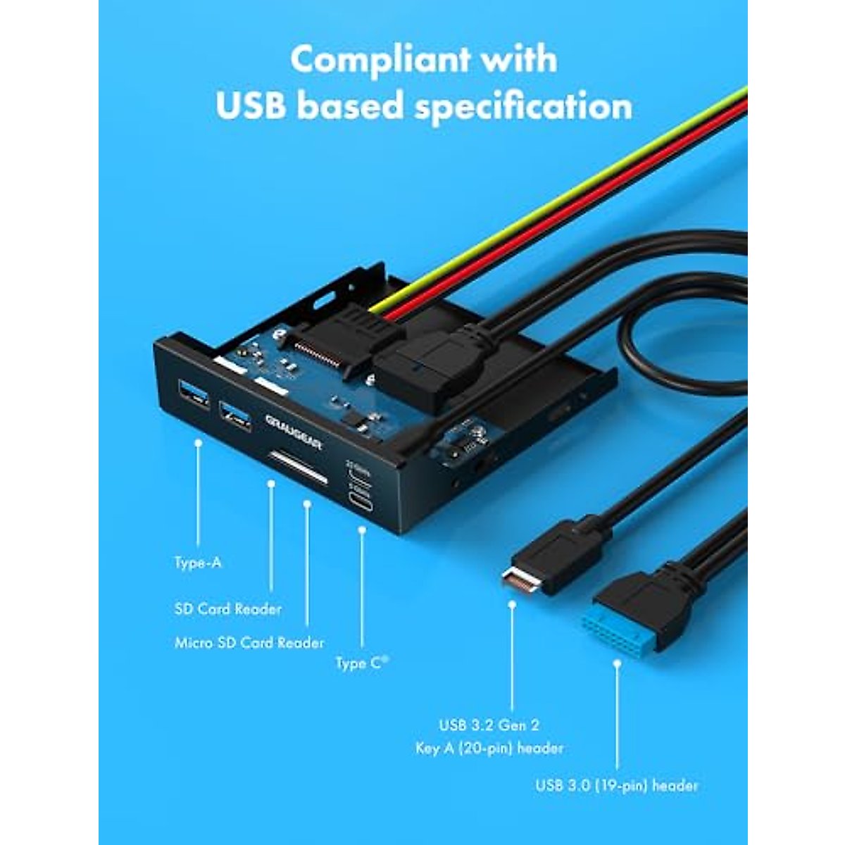 GRAUGEAR 3.5 Inch Front Panel USB C Hub, SD/microSD Internal Card Reader, 20Gbps USB 3.2 Gen 2x2, 20-pin Type-E Key-A Header & USB3.0 Header & 15-Pin SATA Power Connector Required [G-MP01CR]