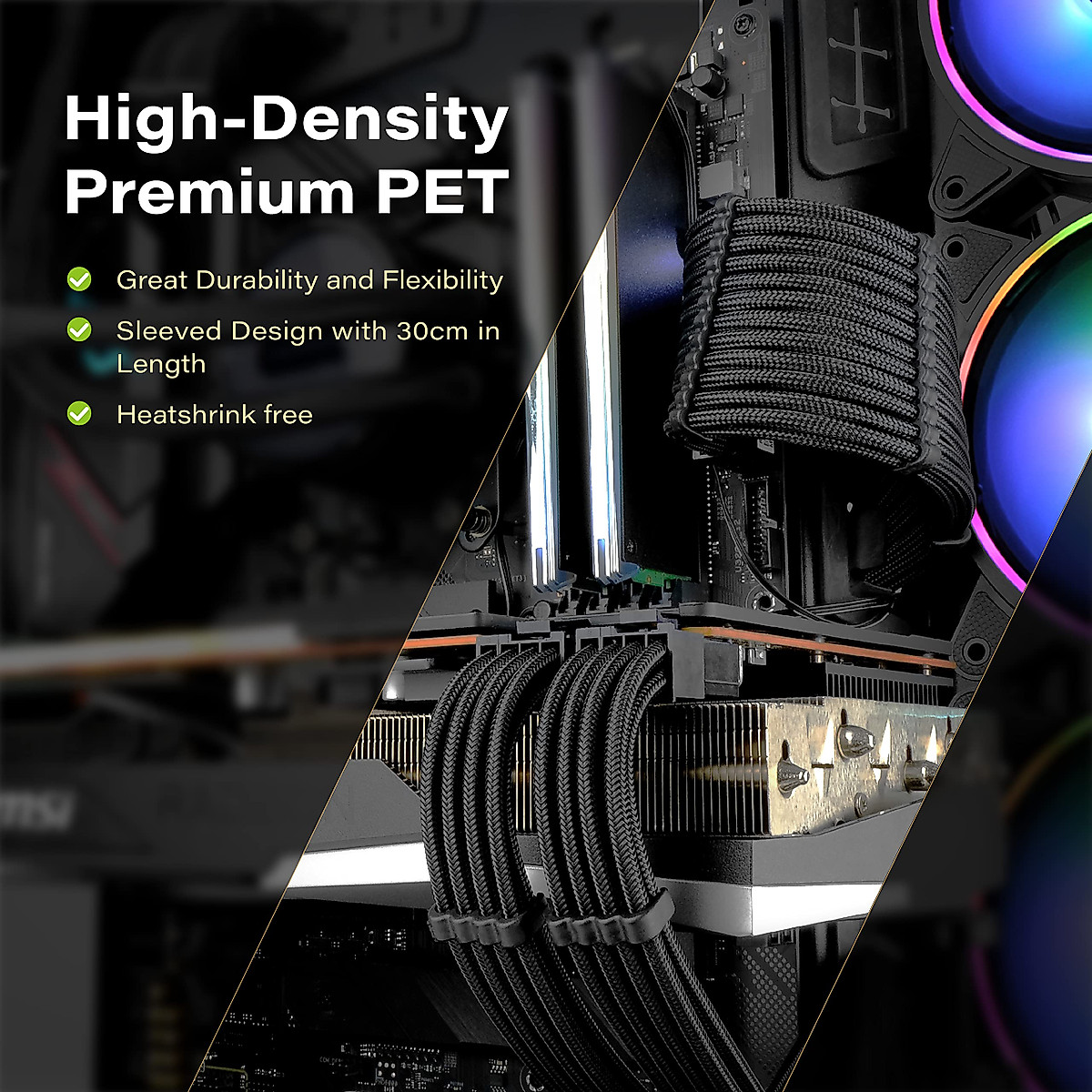 EZDIY-FAB PSU Cable Extension Sleeved Custom Mod GPU PC Power Supply Soft Nylon Braided with Comb Kit 24PIN/8PIN to 6+2Pin/ 8PIN to 4+4PIN-30CM 300MM - Black