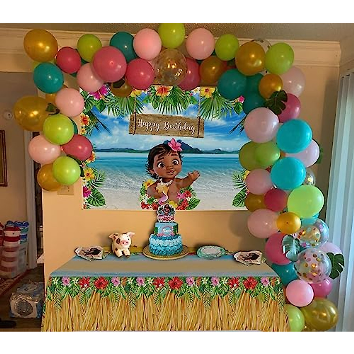 Summer Beach Baby Moana Backdrop and Tablecloth 86x52 inch Maui Palm Leaves Flowers Cake Table Decoration Girls Princess Moana Birthday Photo Background Baby Shower Party Supplies (7x5ft)