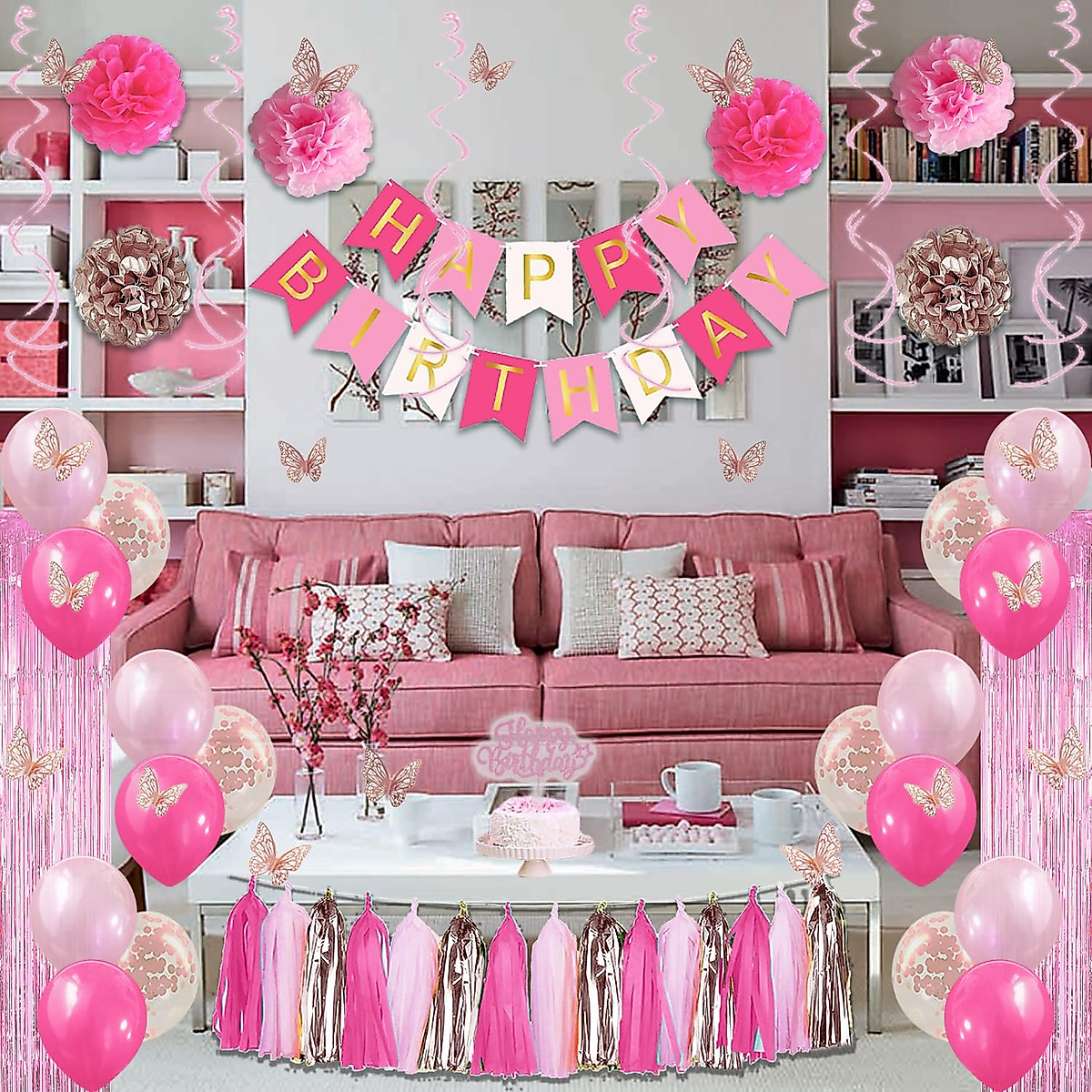 GoExquis Hot Pink Rose Gold Birthday Decorations for Women Girls Butterfly Decor Cake Topper Hanging Swirls Foil Curtain Tassel Garlands Paper Pom Poms Happy Birthday Banner Balloons