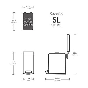 QUALIAZERO 5L / 1.3 Gallon Stainless Steel Step-On Bathroom Trash Can, Slim Shape, Pack of 2, Starter Set (Stainless Steel)
