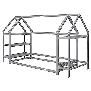 DEYOBED Gray Twin House Floor Bed with 2 Removable Stands - Unique House Design for Kids