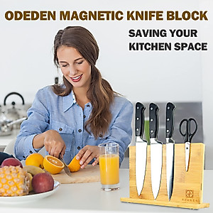 ODEDEN Magnetic Knife Block, Natural Bamboo Magnetic Knife Holder, Double Side Magnetic Knife Stand, Cutlery Display Stand and Storage Rack Without Knives