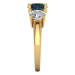 Clara Pucci 3.35 ct Round Cut Custom Engraving 3 stone Natural London Blue Topaz Designer Solitaire Statement Ring 18K Yellow Gold Size 6