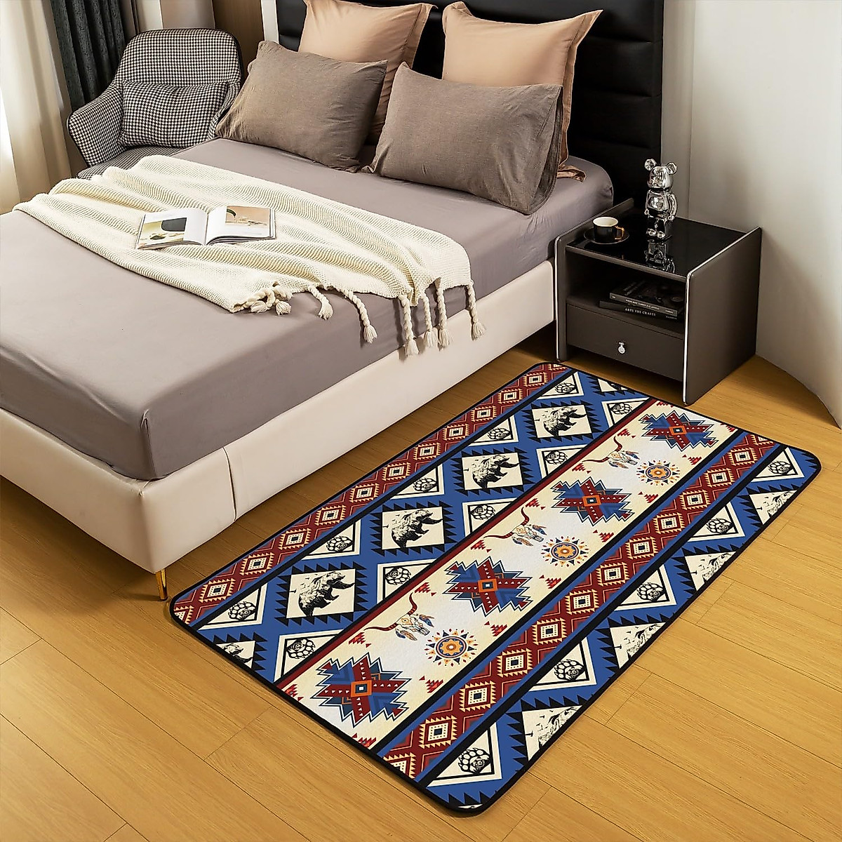 Erosebridal Black Bear Carpet Exotic Bull Skull Living Room Rug 3x5 for Bedside,Ethnic Tribe Arrow Aztec Indoor Floor Mat Tribal Geometry Diamond,Boho Western Decor Accent Rug Set for Bedroom,Red Blue