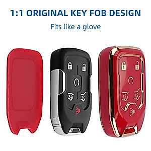 Jimtyee for GMC Key Fob Cover with Leather Lanyard Keychain Key Fob Case Shell Protection for Chevy Silverado Tahoe Suburban GMC Sierra Yukon Smart Remote Key Protector(Red)
