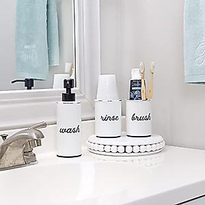 AuldHome Farmhouse Bathroom Accessories Set (3-Piece Set, White); Enamelware Matching Soap Dispenser, Toothbrush Holder and Rinse Cup for Sink Vanity