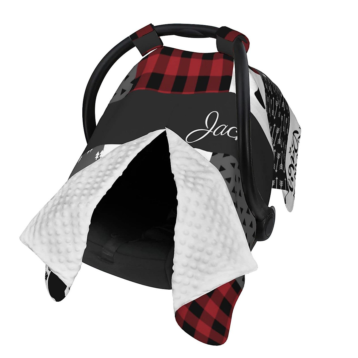 Personalized Woodland Bear Baby Car Seat Canopy for Babies with Name, Custom Red Baby Car Seat Covers for Girls, Opening Minky Nursing Breastfeeding Cover Infant Carseat Canopies for Newborn