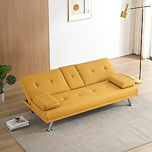 Anwickhomk 67" Multifunctional Double Folding Sofa Bed with 2 Cup holders,Leather Couch Loveseat Sleeper with Removable Armrests,Convertible Folding Couches Bed for Office Small Spaces (Yellow)