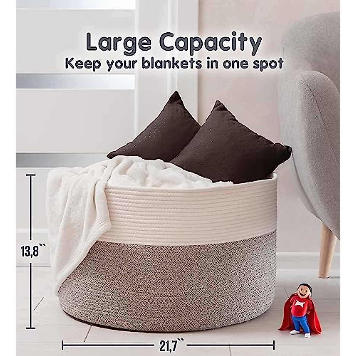 XXXLarge Blanket Storage for Living Room 22 x 14 | Extra Large Laundry Basket | Baby Toy Storage Basket | Blanket Basket Living Room | Woven Basket | Large Baskets for Organizing, Creamy White & Brown